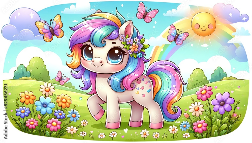 Cartoon illustration of a cute winged pony with a flower crown, sitting ...