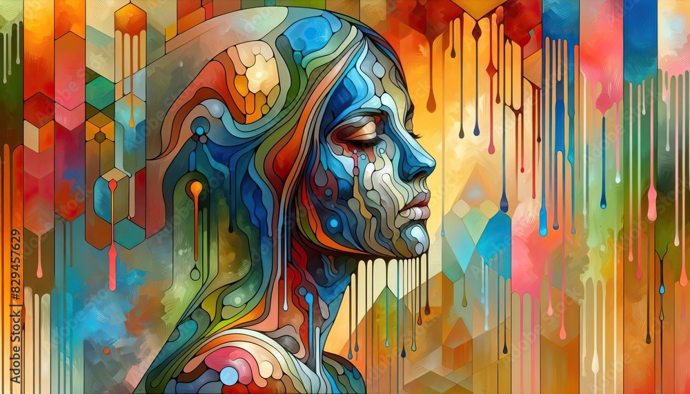 Surreal profile of a woman with colorful flowing lines, geometric ...