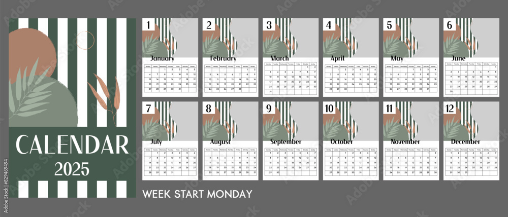 Abstract green A4 calendar 2025 with color spots and botanic leaves ...