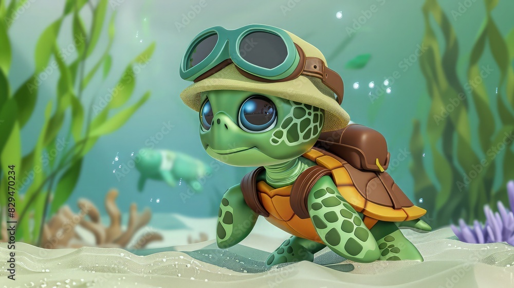 funny cartoon turtle wearing glasses and summer cap in front of beach ...