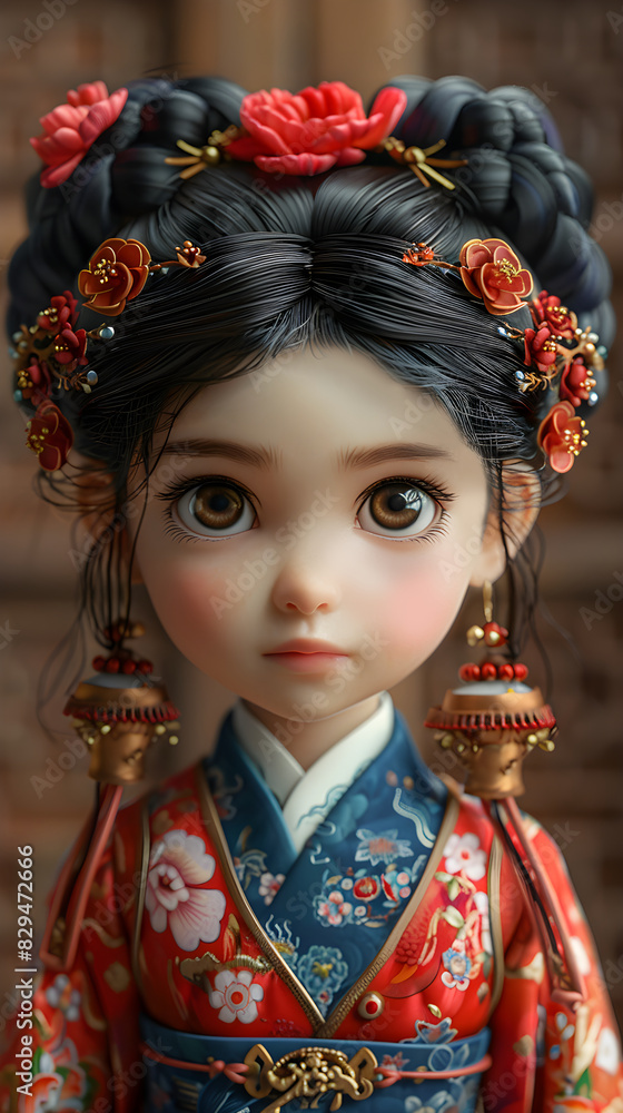 Cute doll with big eyes in elegant clothes according to Asian tradition ...