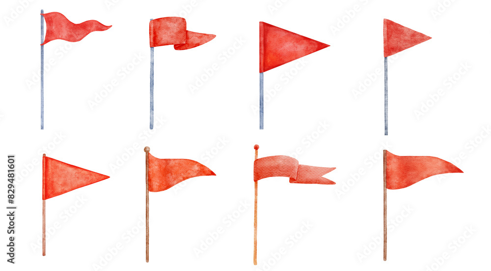 Watercolor red flags triangular shape set. Hand drawn graphic drawing ...