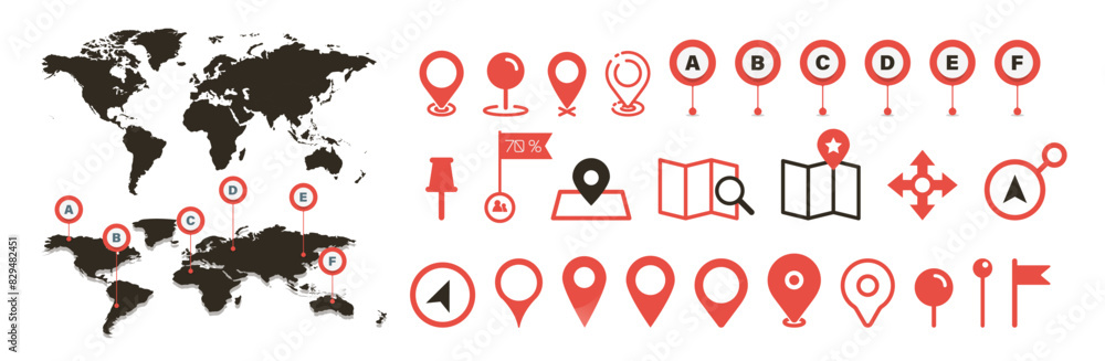 Set of map pin icons with world map. location pin sign. Mapping icon ...