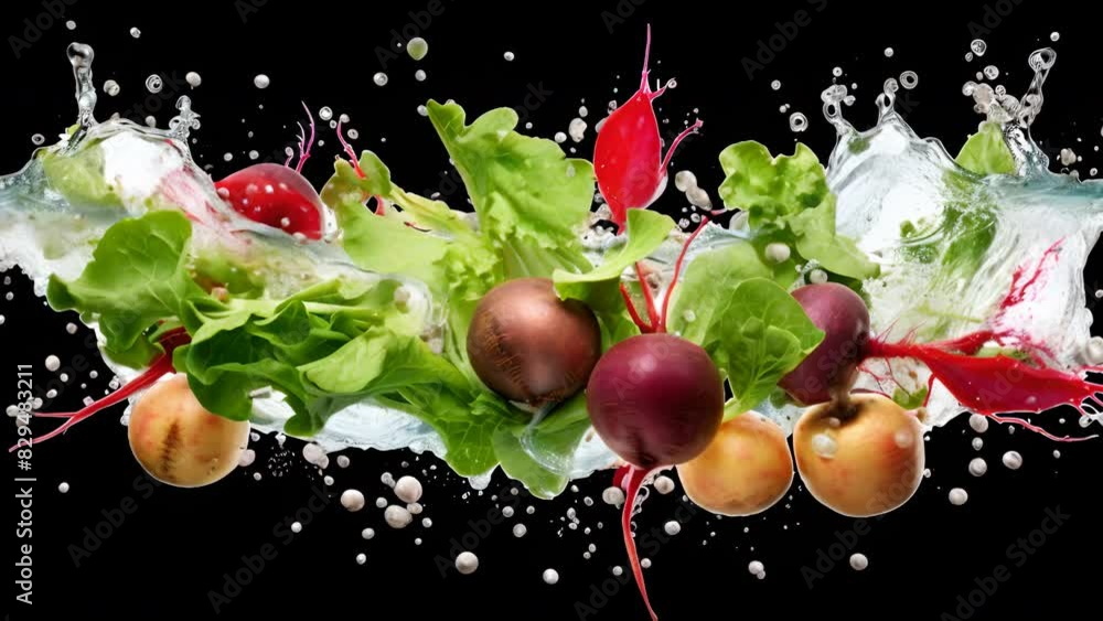 A splash of water splashes on fresh vegetables Floating mixture of root ...