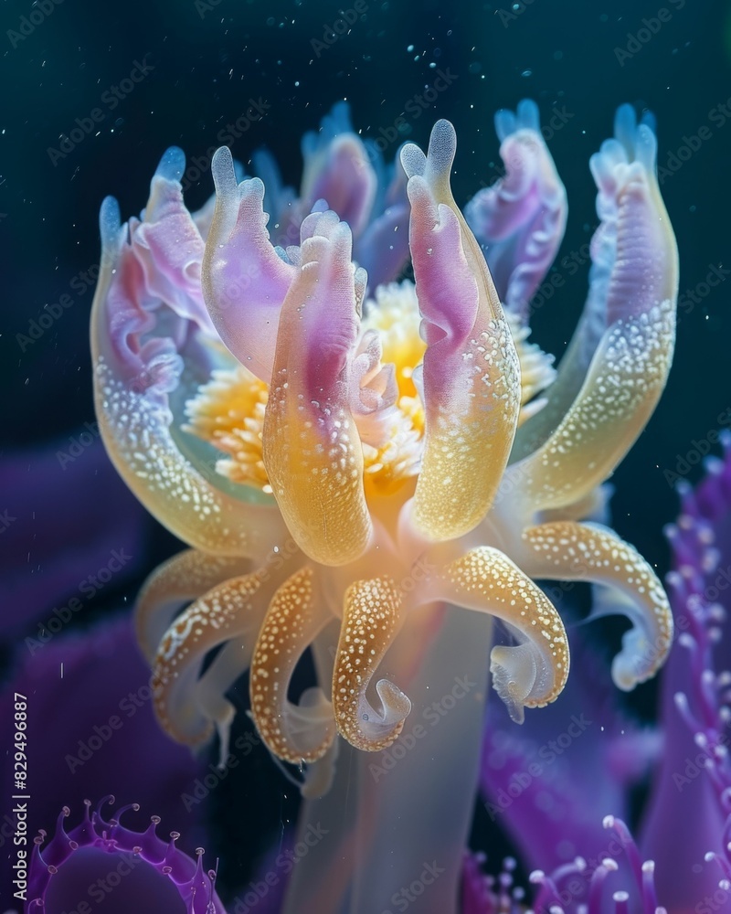 The image shows a beautiful and unique jellyfish with yellow and purple ...