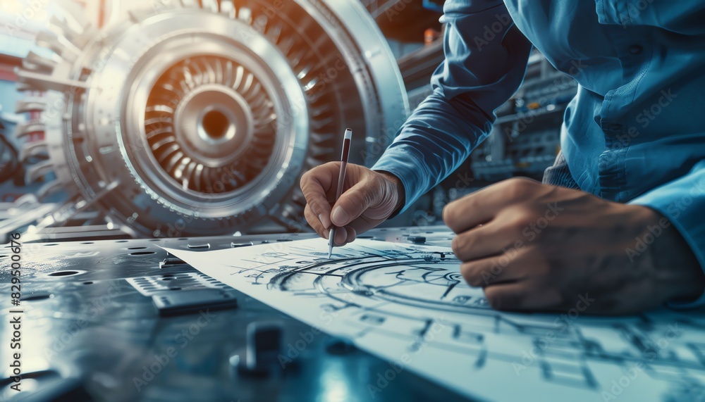 Engineer designing machinery on blueprint with industrial engine in ...