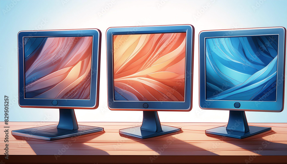 An illustration of three monitors aligned in a row against a ...