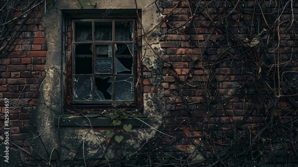 Shattered window on a spooky structure covered in creeping plants ...