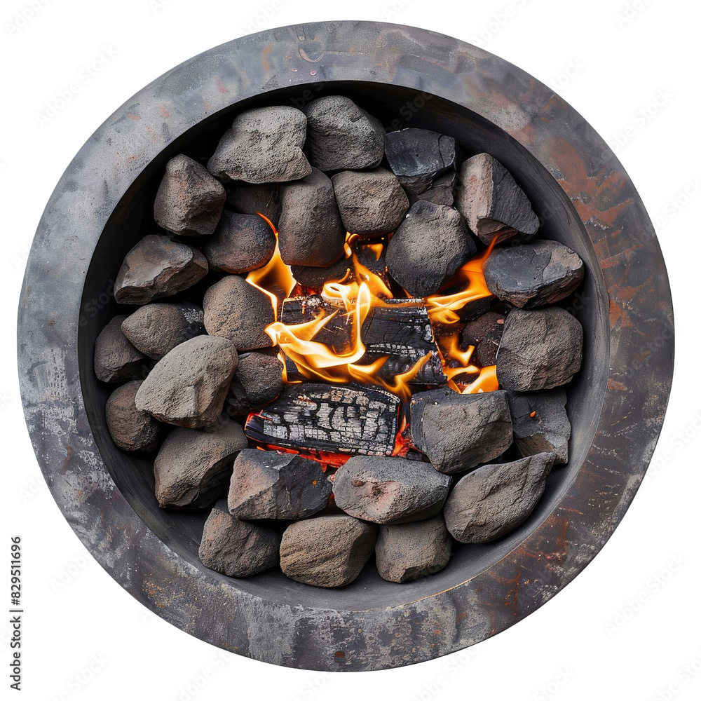 Campfire in circular stone fire pit top view transparent background ...