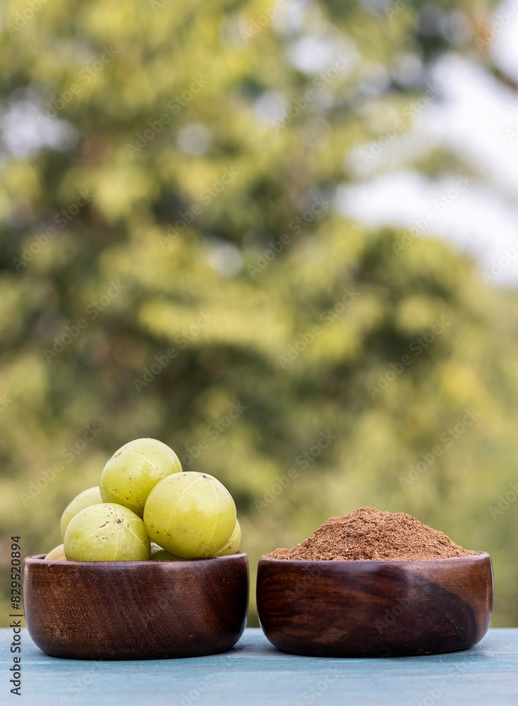 Amla Fruit or Indian Gooseberry Powder in Wooden Bowls Isolate on ...