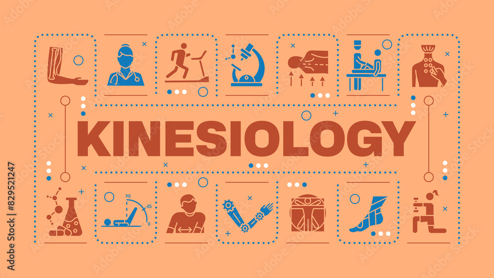 Kinesiology orange word concept. Body movement science. Rehabilitation ...