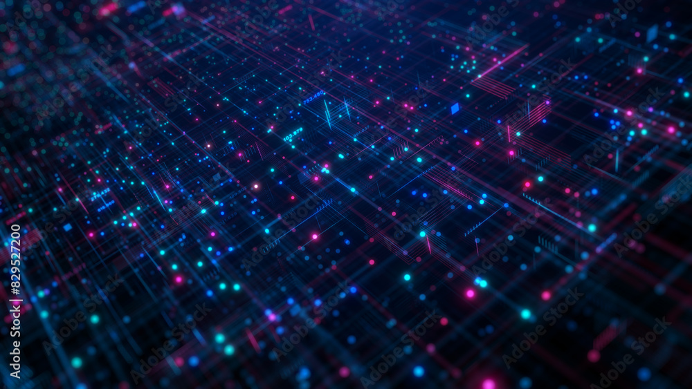 Abstract digital grid featuring glowing blue and pink data points ...