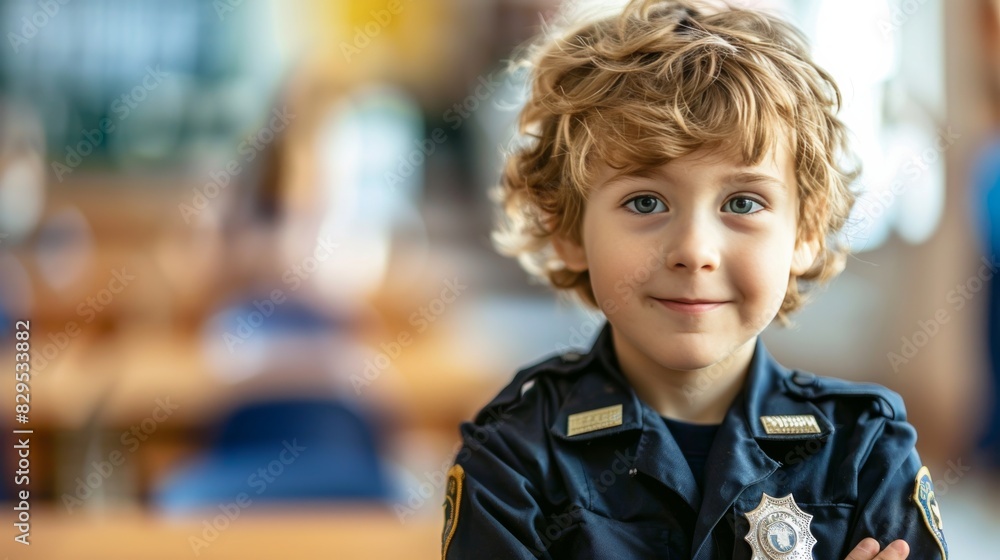 Little boy dressed as a police officer, looking confidently at the ...