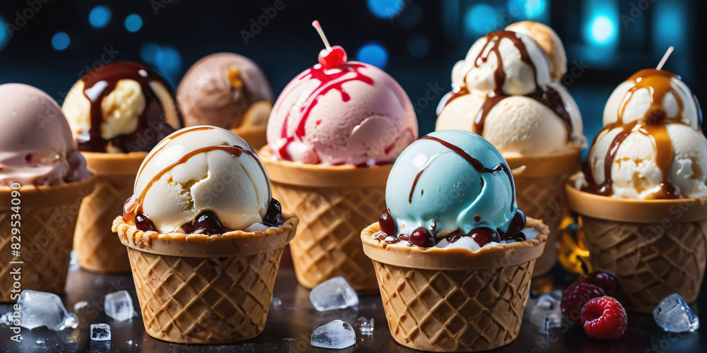 A colorful display of ice cream flavors in various forms. Scoops of ice ...
