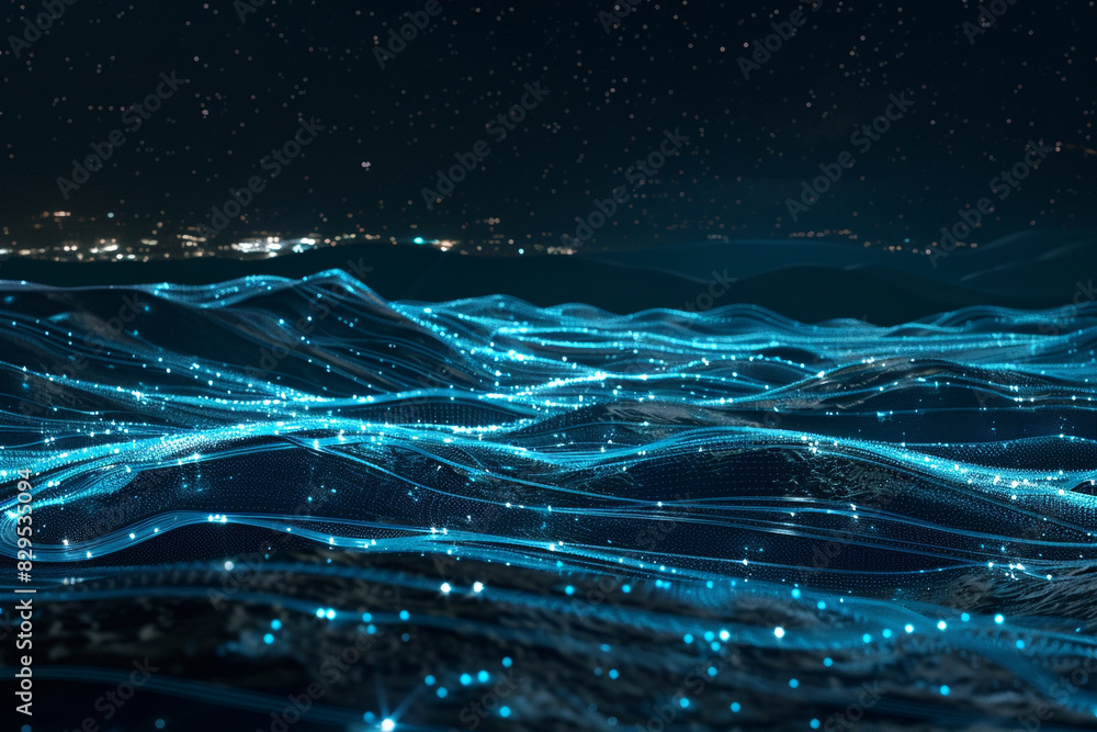 Deep space background highlighted by brilliant azure paths showing ...