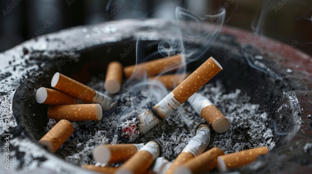 A close-up of an ashtray overflowing with cigarette butts, with smoke still rising from a ...