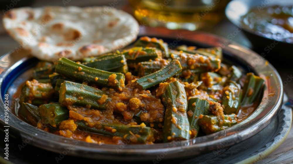 A detailed view of a delicious plate of bhindi masala (spicy okra) with ...
