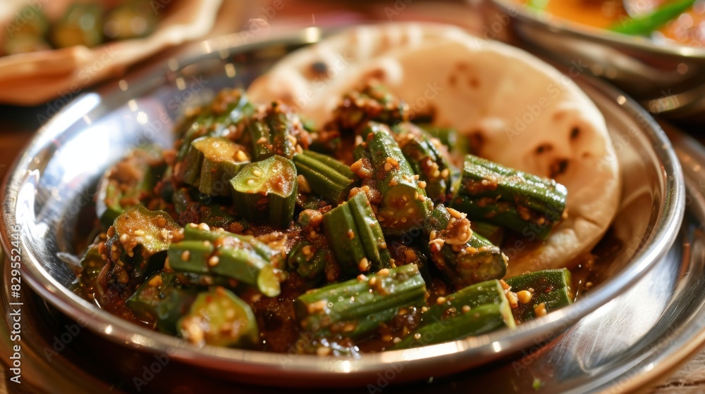 A detailed view of a delicious plate of bhindi masala (spicy okra) with ...