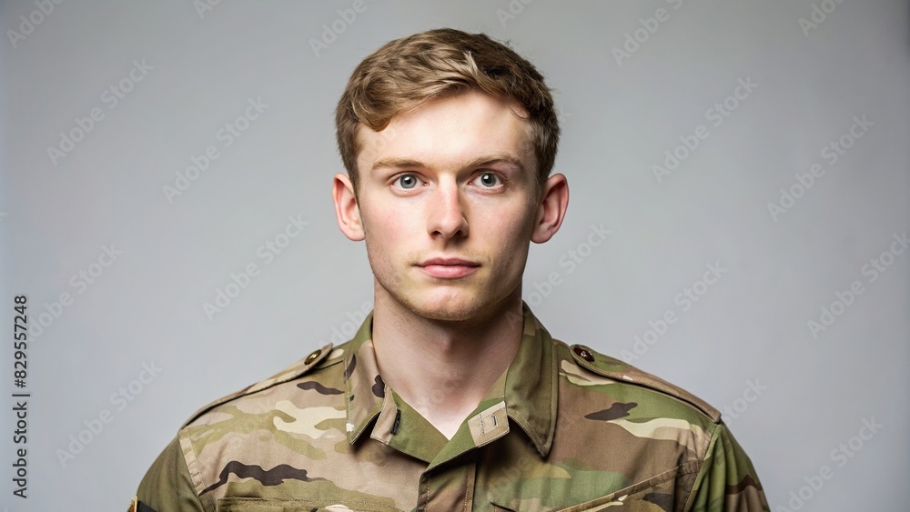 Portrait of a young British military man in studio setting on plain ...