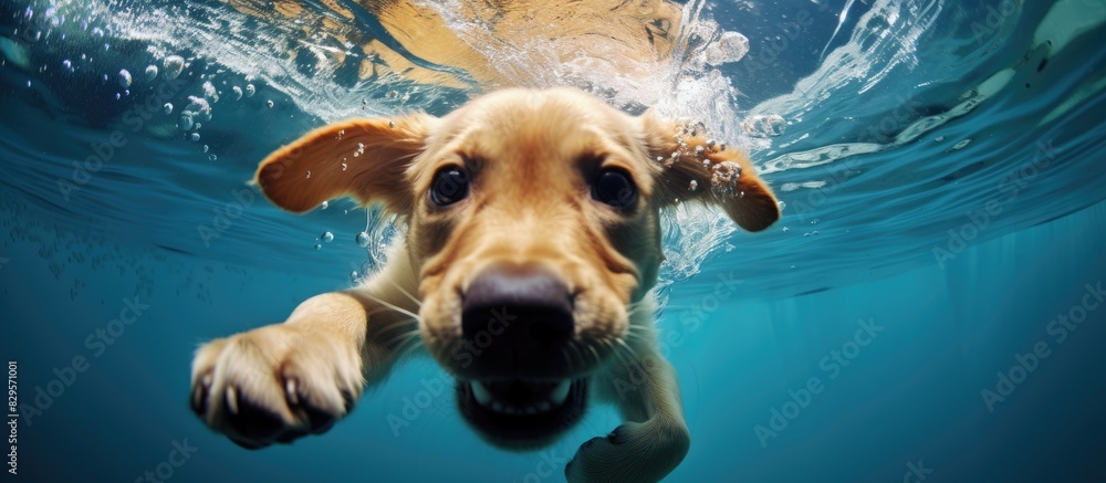 Golden Labrador retriever puppy playing joyfully in a swimming pool ...