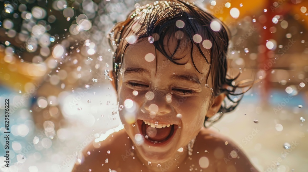 Kids splashing in a shallow water park pool with fun water toys. Stock ...