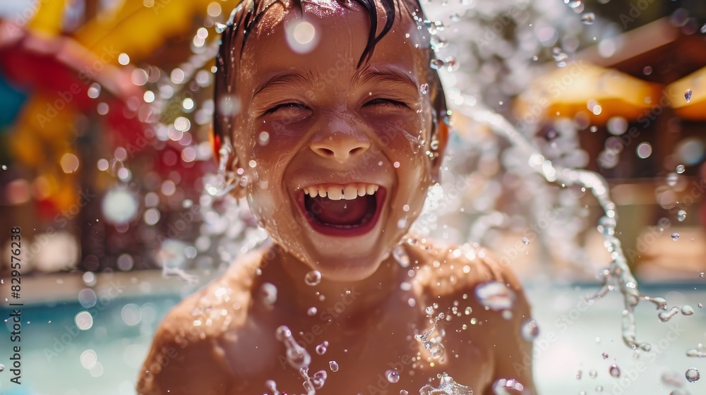 Kids splashing in a shallow water park pool with fun water toys. Stock ...