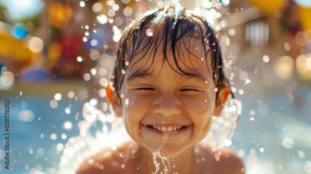 Kids splashing in a shallow water park pool with fun water toys. Stock ...