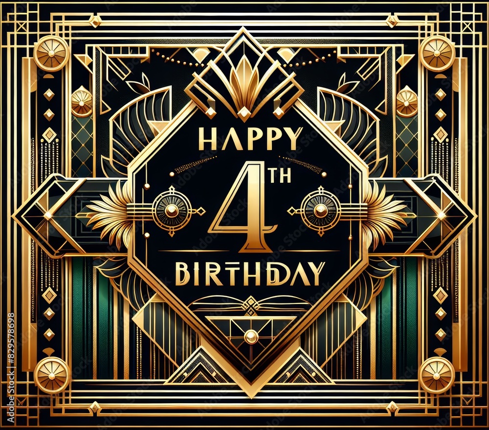 Elegant Art Deco style Happy 4th Birthday card with intricate golden ...