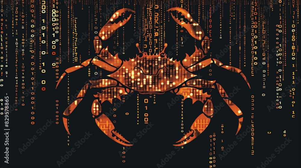 Rust programming language concept, featuring a crab silhouette composed of intricate binary code ...