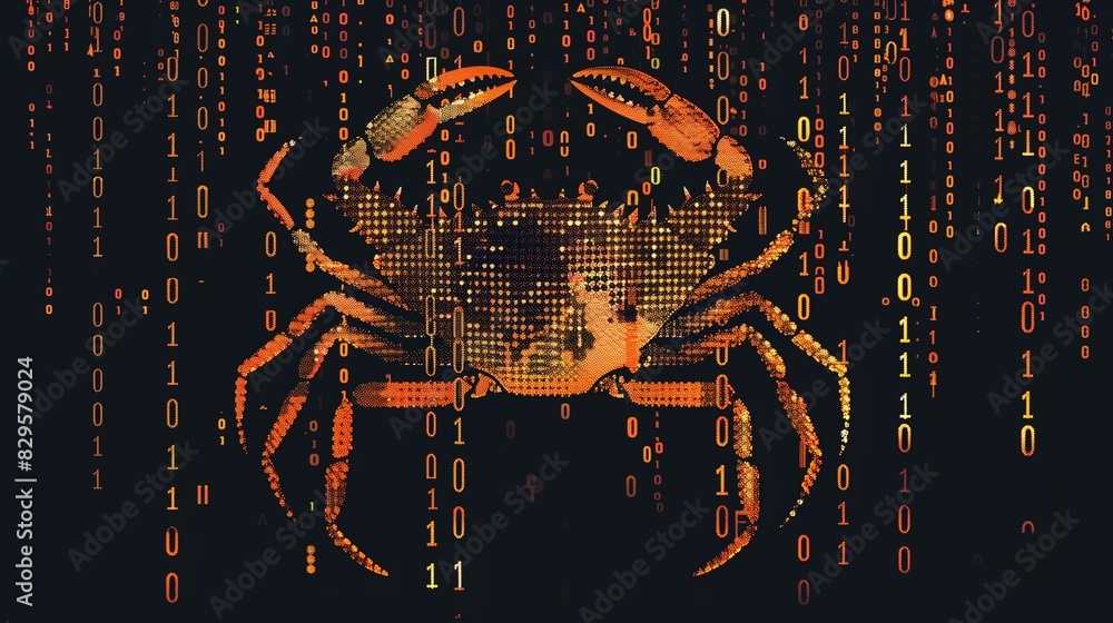 Rust programming language concept, featuring a crab silhouette composed of intricate binary code ...
