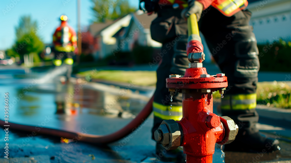 Firefighters connecting a hose to a fire hydrant during an emergency ...