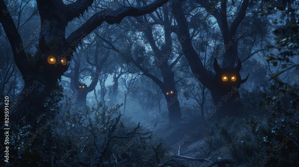 Explore a haunted forest under a full moon with glowing eyes and ...