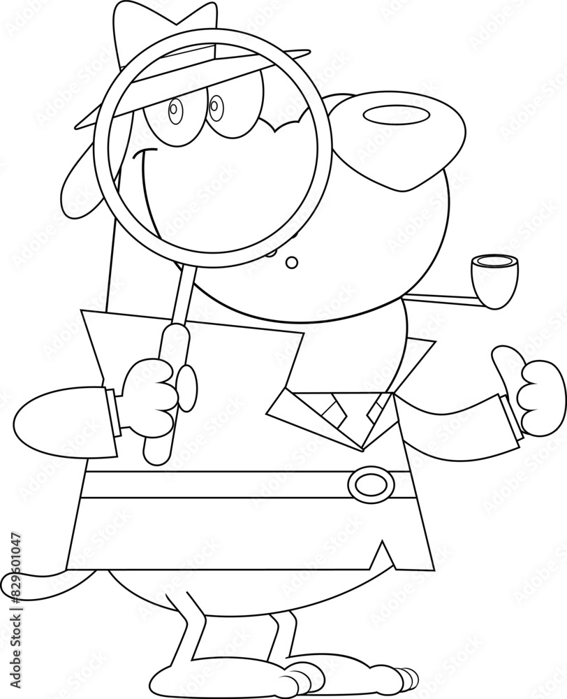 Outlined Detective Dog Cartoon Character Holding A Magnifying Glass And ...
