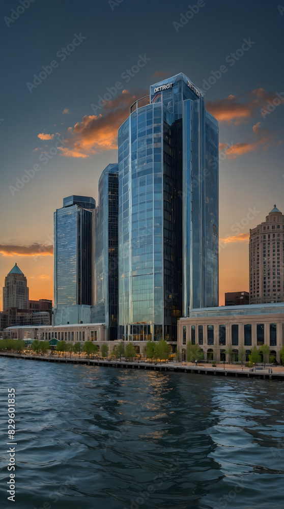 Detroit skyline at sunset reflecting on the tranquil waters of the ...