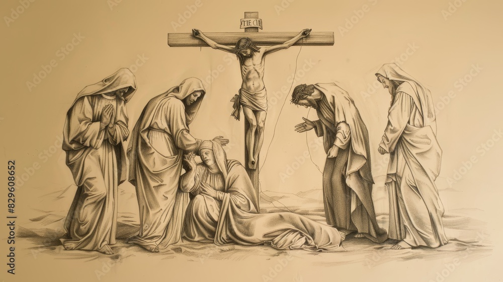 Biblical Illustration: The Crucifixion, Jesus Nailed to the Cross, Soldiers and Mocking Crowd ...