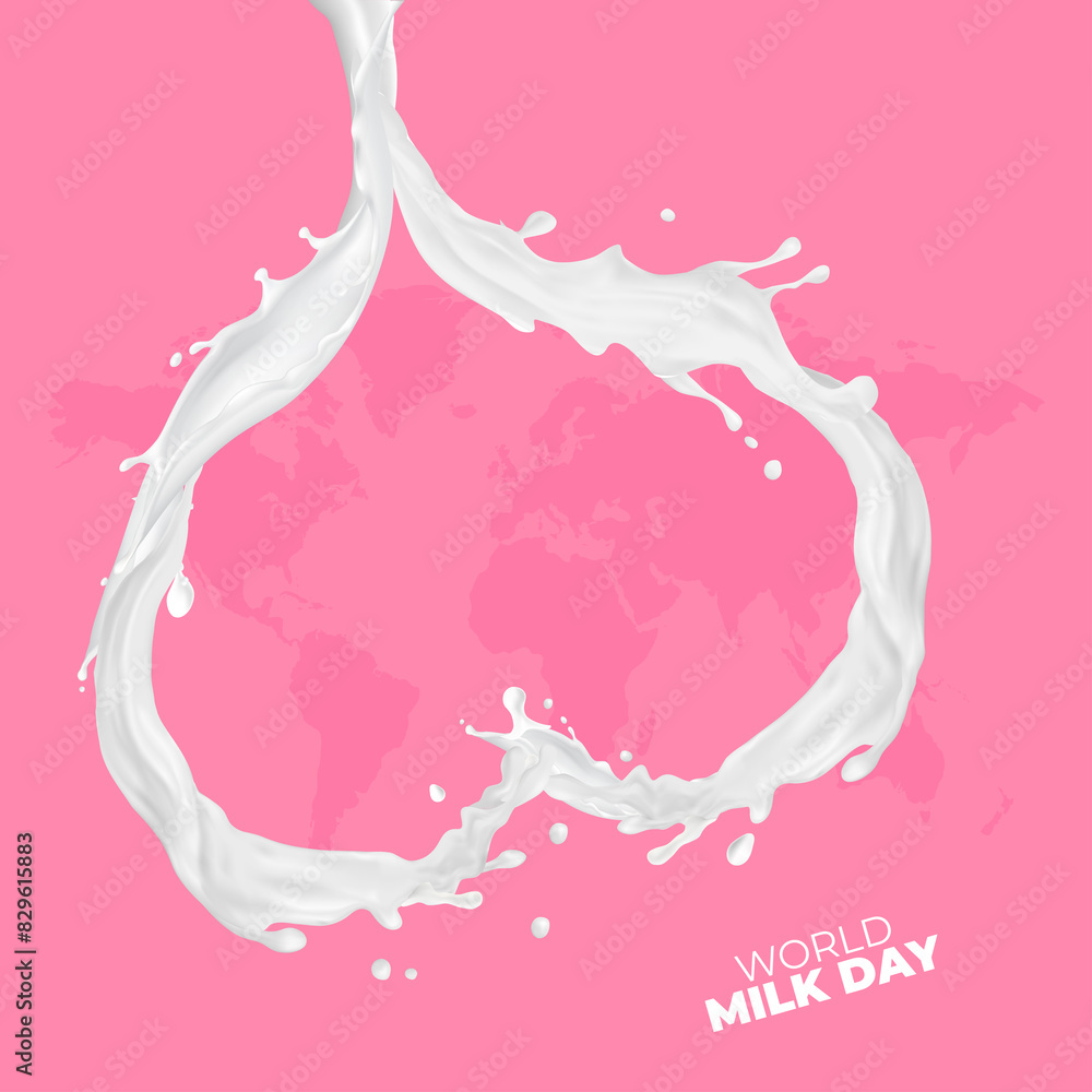World Milk Day background. Fresh heart shape milk splash with world map ...