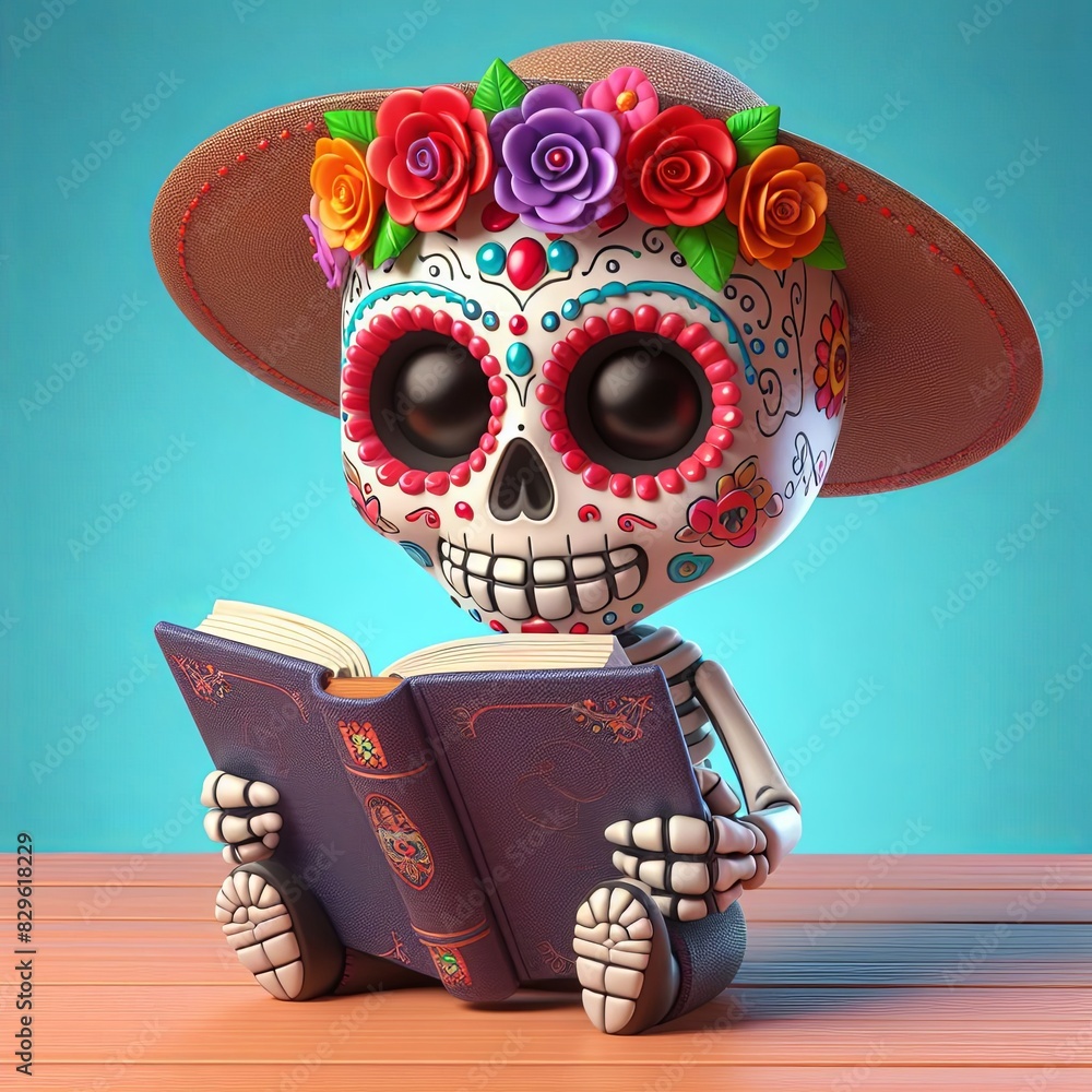 cute Dia de los Muertos skull Reading a Book cartoon , 3d Generative AI ...