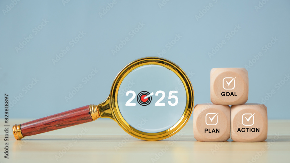 2025 New Year Goal Plan Action With Target Icons Magnifying Glass With