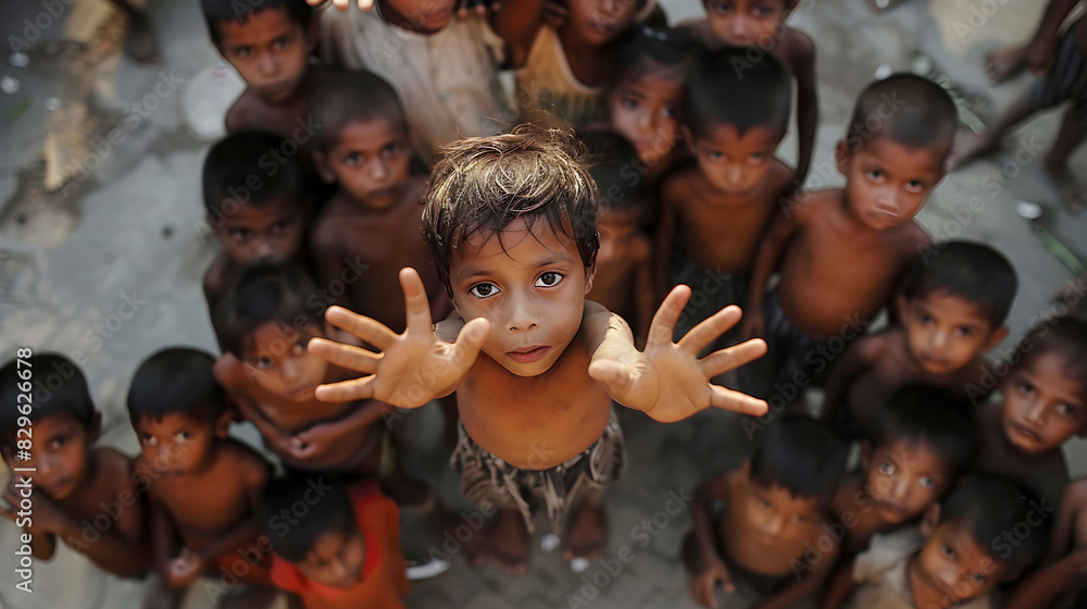 Black children are begging for help. A little boy in focus stretches ...