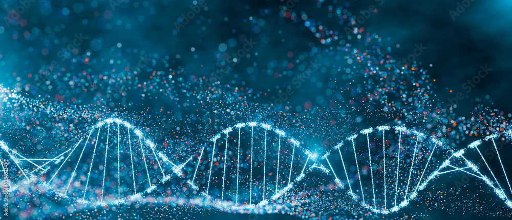 DNA double helix with sparkling nodes in a dynamic blue environment ...
