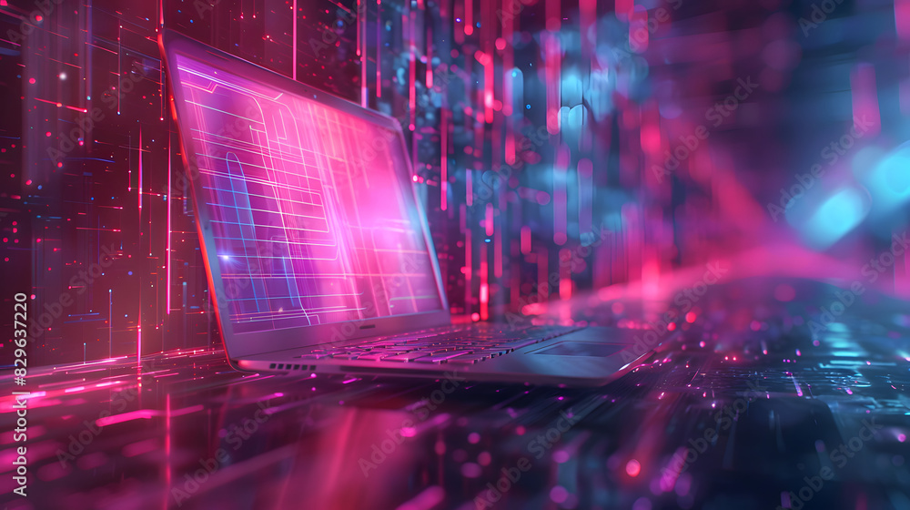 Futuristic illustration about computer technology with a laptop in neon ...