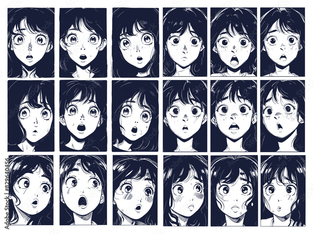 Japan girl close up face emotions comic ink sketch vector set. Anime ...