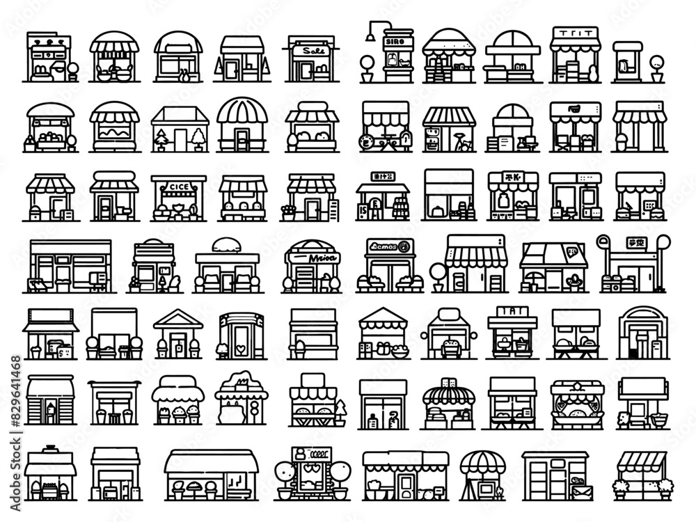 Shops outline vector bundle. Supermarkets showcases counters benches ...