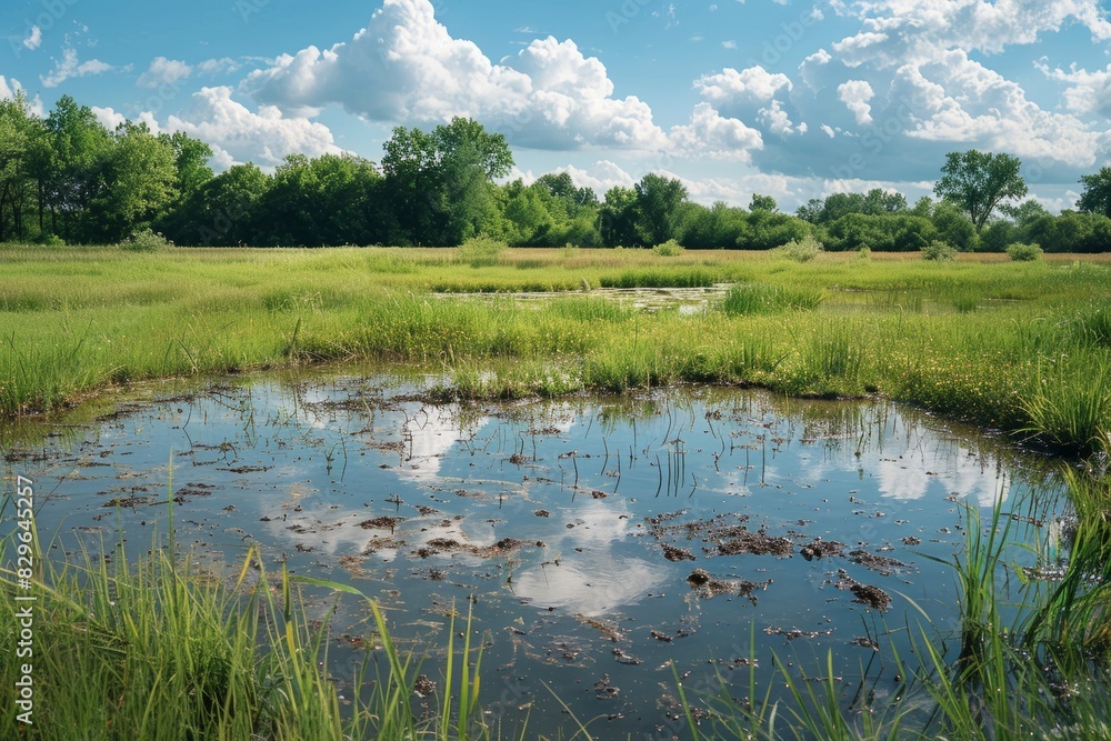 Wetland restoration project with flooded field grass around a small ...