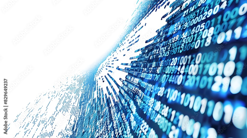Binary code on white background. Blue glowing numbers in perspective ...