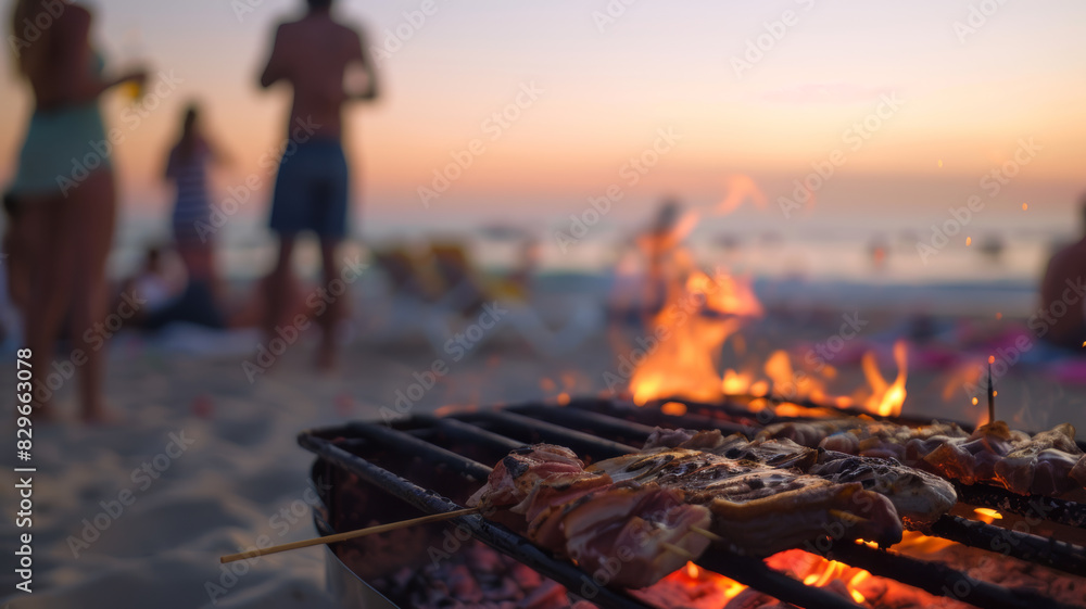 Barbecue party with people in the background, beach party, sea, grilled ...