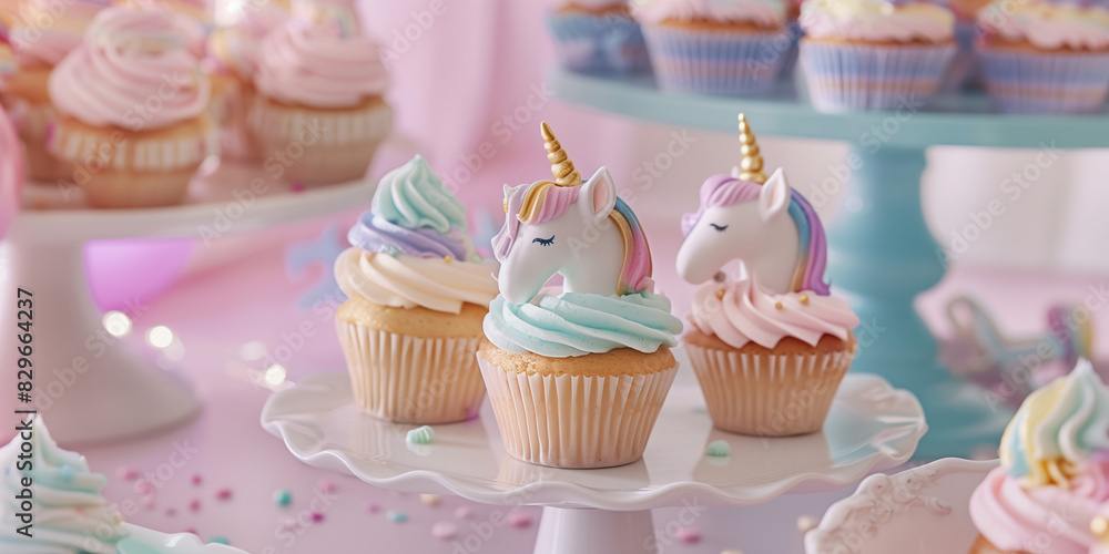 Unicorn themed birthday party dessert table. Pastel colored birthday ...