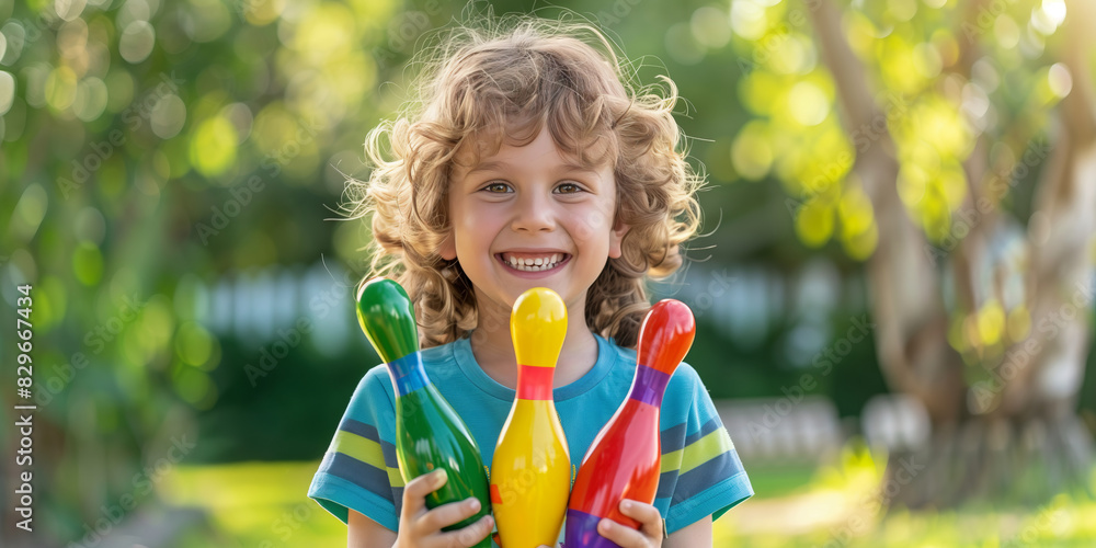 Cute cheerful child holding colorful bowling pins. Active outdoor games ...