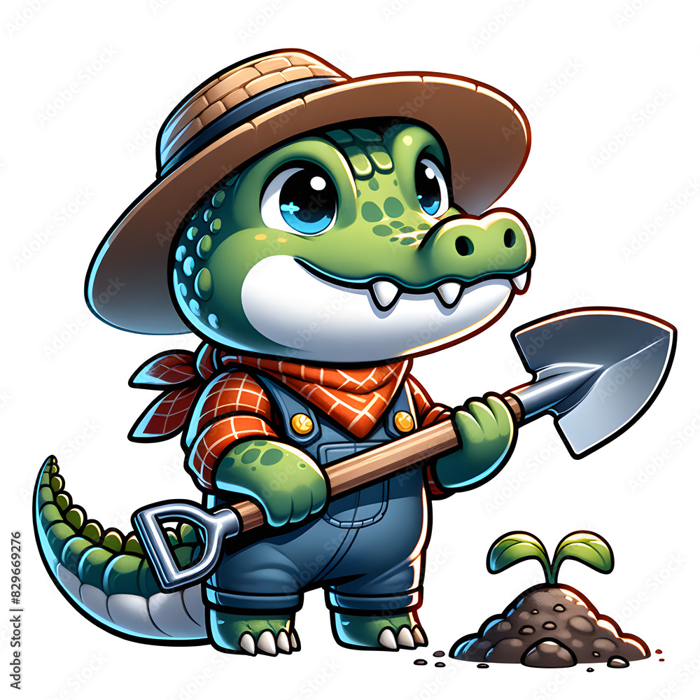 Cartoon illustration (PNG 300 dpi), Crocodile has become a farmer ...
