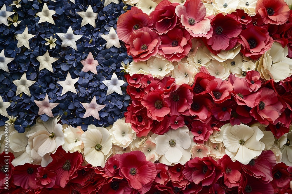 American flag crafted from red, white, and blue flowers, each petal ...
